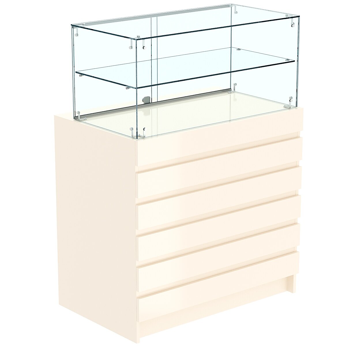 Торговый прилавок со стеклянной надставкой и фасадными панелями №1Э-01, Крем Вайс