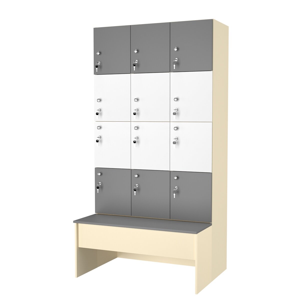 Шкаф для раздевалок со скамейкой комбо-квартет №3-1, Крем Вайс + Темно-серый+ Белый