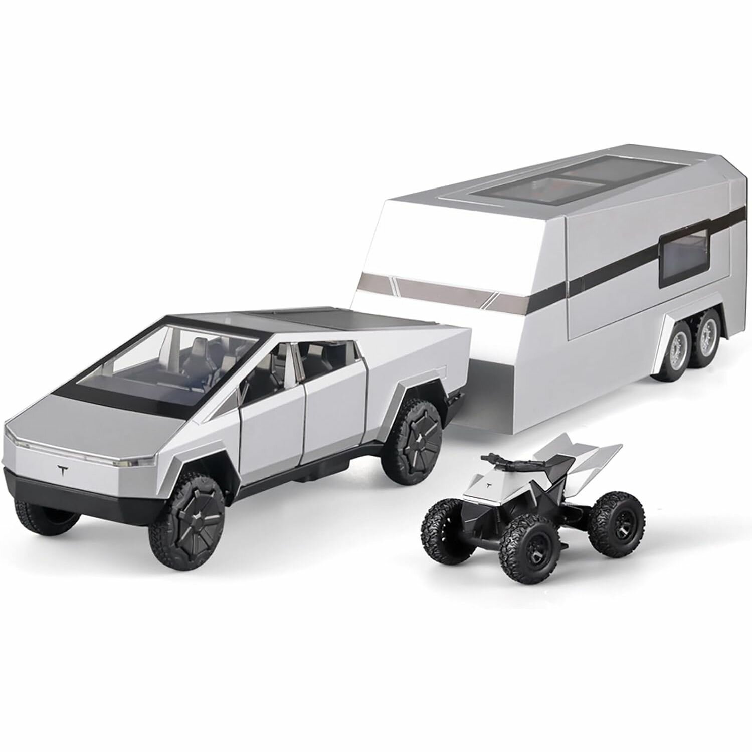 Машинка металлическая Тесла Cybertruck с квадроциклом, модель в масштабе 1:24, машинка инерционная со светящимися фарами