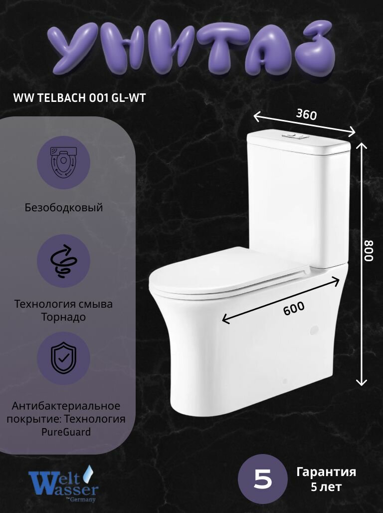 Напольный унитаз WeltWasser TELBACH 001 GL-WT (36х60х80), белый, безободковый