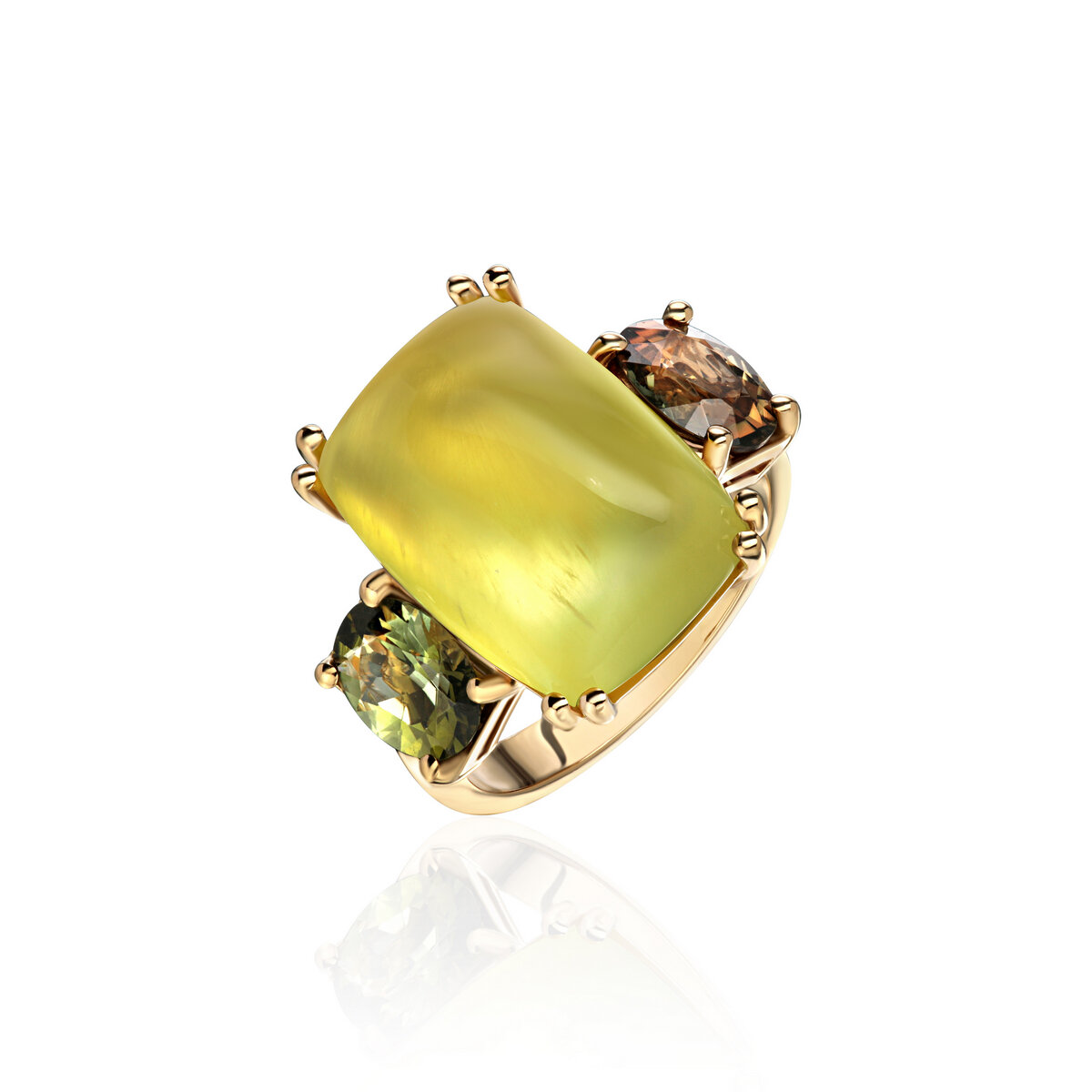 Кольцо, желтое золото, 750 проба, пренит, турмалин