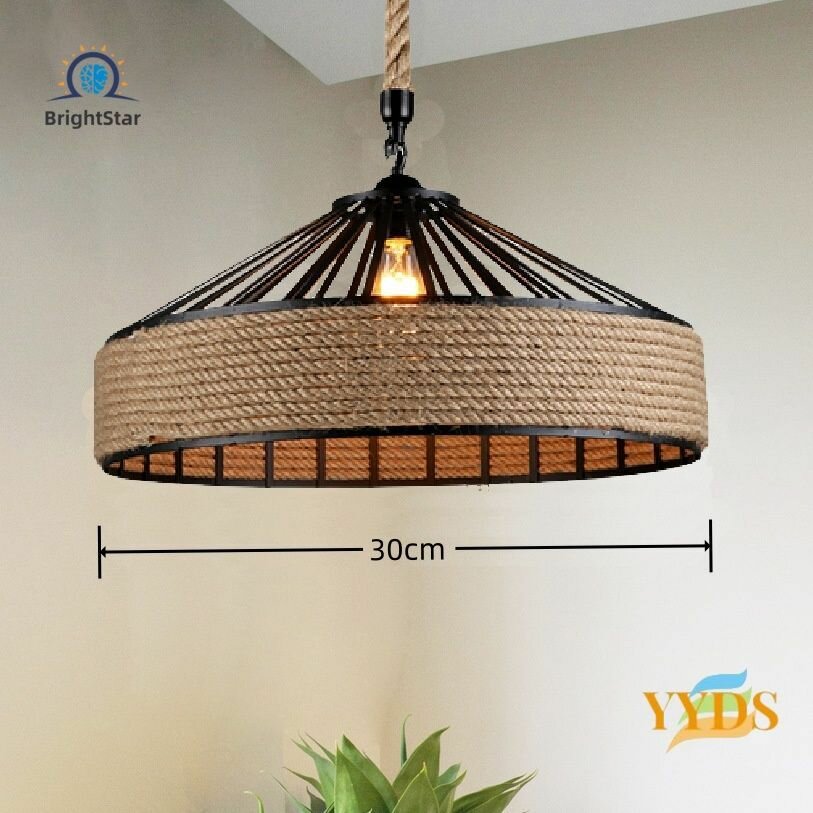 Люстра из металлического каркаса и пеньковой веревки, ретро, диаметром 30 см (светодиодная лампа в комплекте).