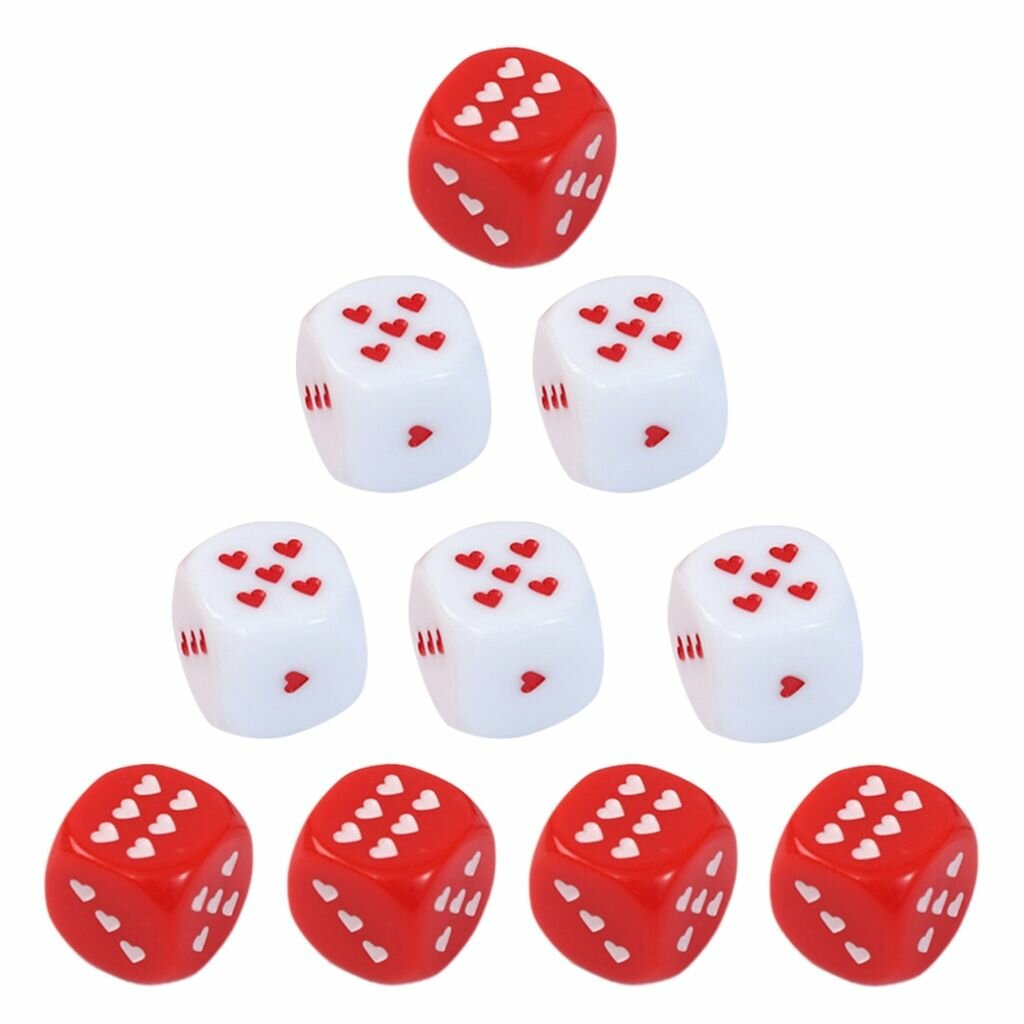 10 штук округлых кубиков в форме сердца диаметром 25 мм-5 красных + 5 белых