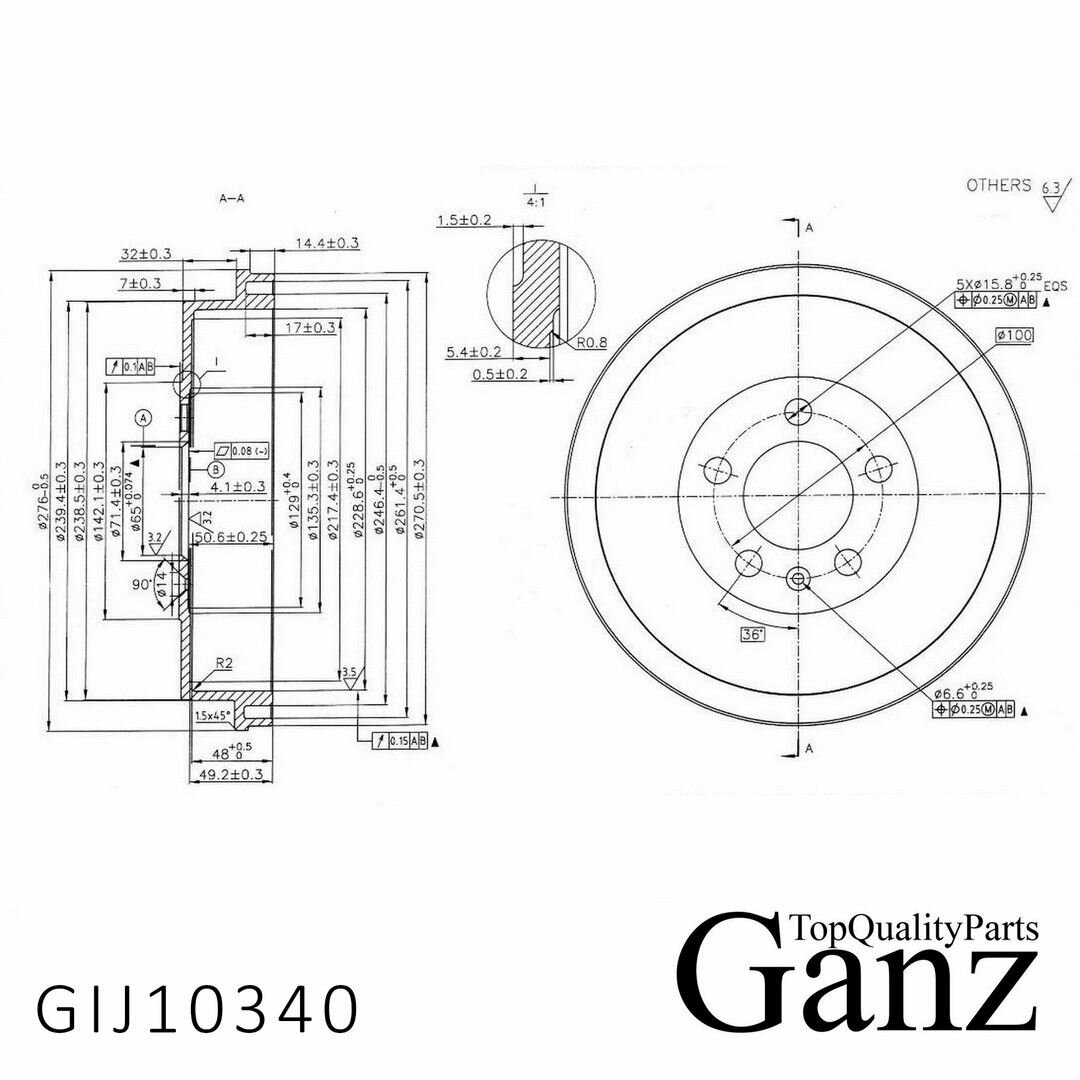 Барабан тормозной, для Шкода Фабиа 2, 3, Рапид, Фольксваген Поло 5 GIJ10340 GANZ