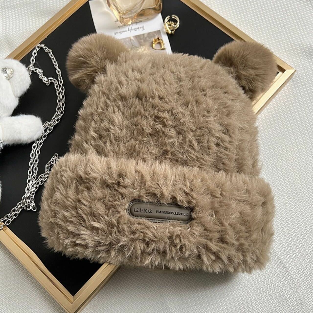 Шерстяная шапка с ушками медведя, женская осенне-зимняя бархатная утепленная вязаная шапка в корейском стиле, милая нишевая холодная шапка, женская бархатная Тедди