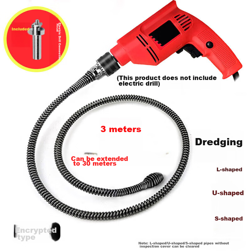Lenuo Electric Drill Pipe Cleaner, Drain Cleaning Spring, Electric Drain Cleaning Tool, Extendable up to 3 Meters