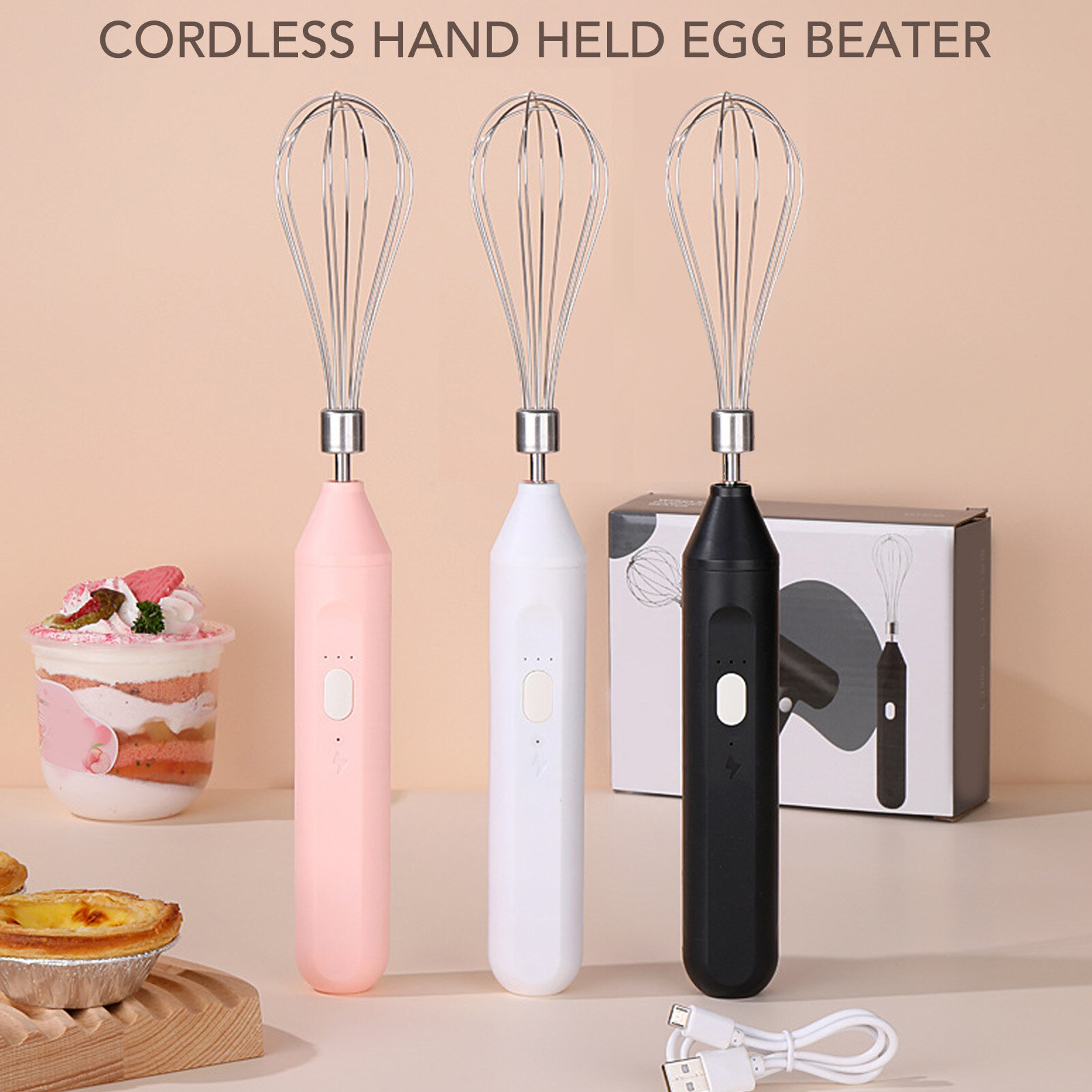 Электрическая взбивалка для яиц, портативная USB-зарядка, вспениватель молока, портативный беспроводной миксер для напитков с венчиком из нержавеющей стали, розовый