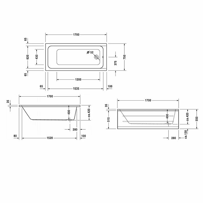 Duravit D-Code  Ванна акриловая 1700х750 мм см, встраиваемая, с 1 наклоном для спины, выпуск в зоне
