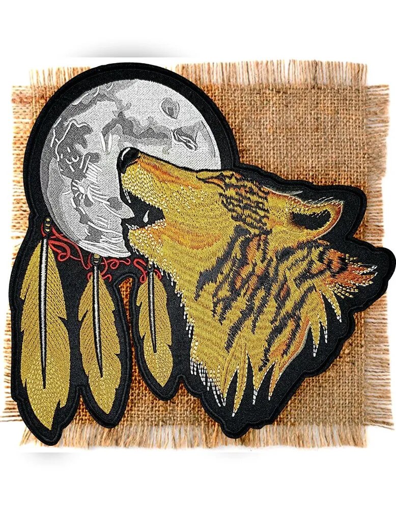 Большая нашивка на спину, шеврон байкерский термоклей волк луна 30х30см