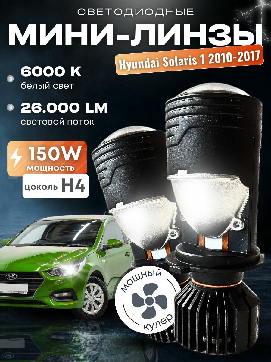 Светодиодные мини линзы H4 LED в фары Hyundai Solaris 1 2010-2017 г. в, Н4 лед лампы c линзой H4 для Хендай Солярис