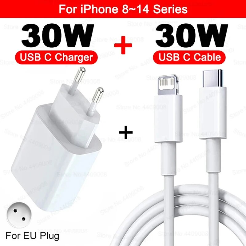 30W USB-C зарядка + кабель для iPhone 8-14, EU штекер