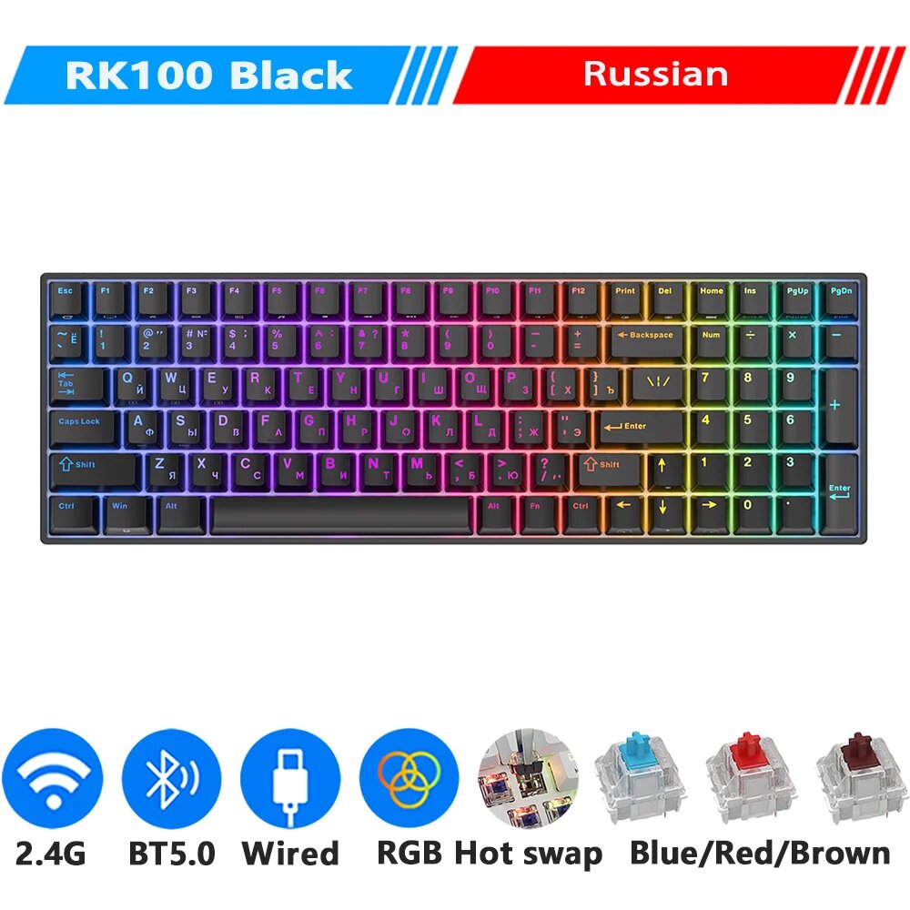 RK ROYAL KLUDGE RK100 механическая RGB клавиатура 100 клавиш Red Switch, Russian Black