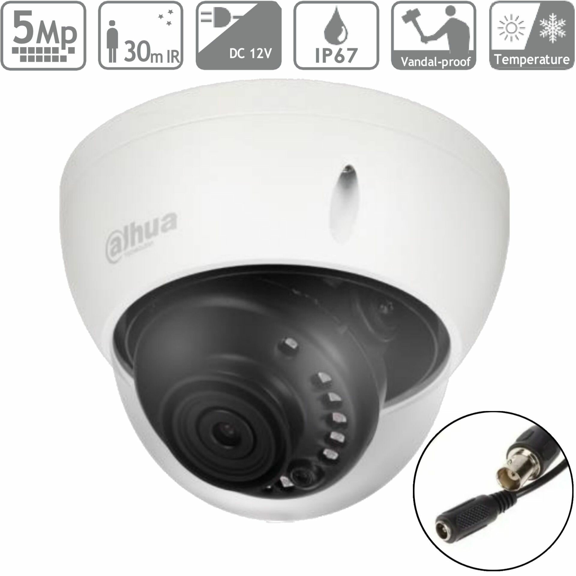 Dahua DH-HAC-HDBW2501EP-0280B 5Мп 2,8 мм - камера видеонаблюдения HDCVI внутренняя и уличная, наалоговая купольная видеокамера для улицы и помещений с ИК подсветкой