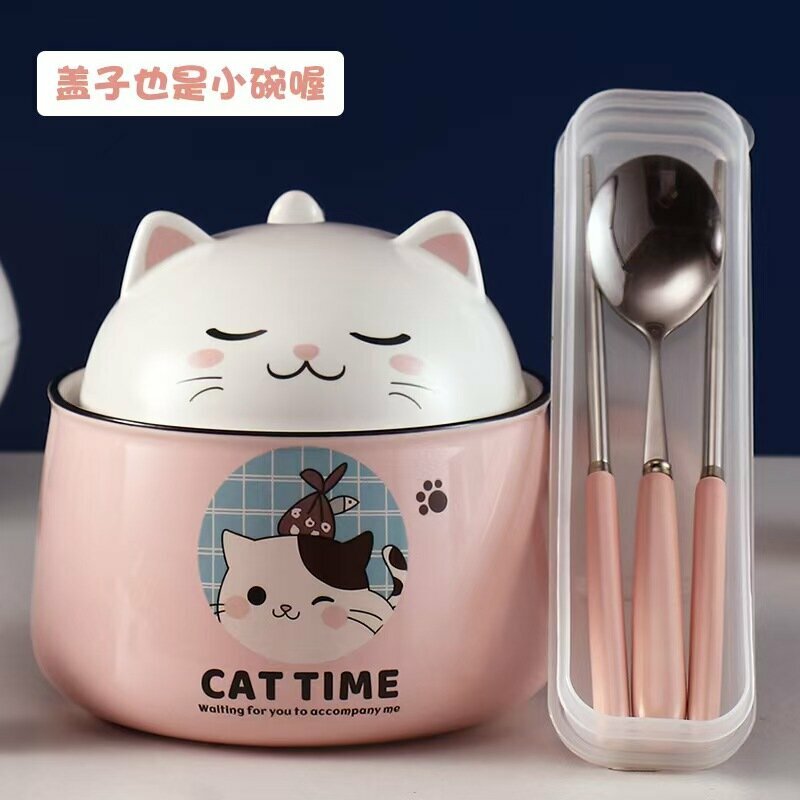 Миска для лапши быстрого приготовления 1020 мл с рисунком кота, удобная глубокая миска для супа и вторых блюд