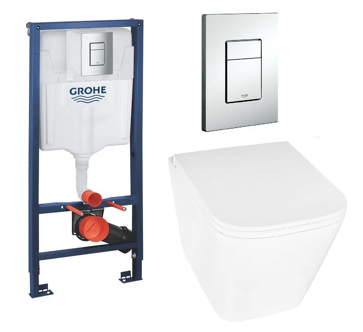 Комплект ПЭК подвесной унитаз с быстросъемным сиденьем микролифт и инсталляцией GROHE Rapid SL с квадратной кнопкой хром 38772001