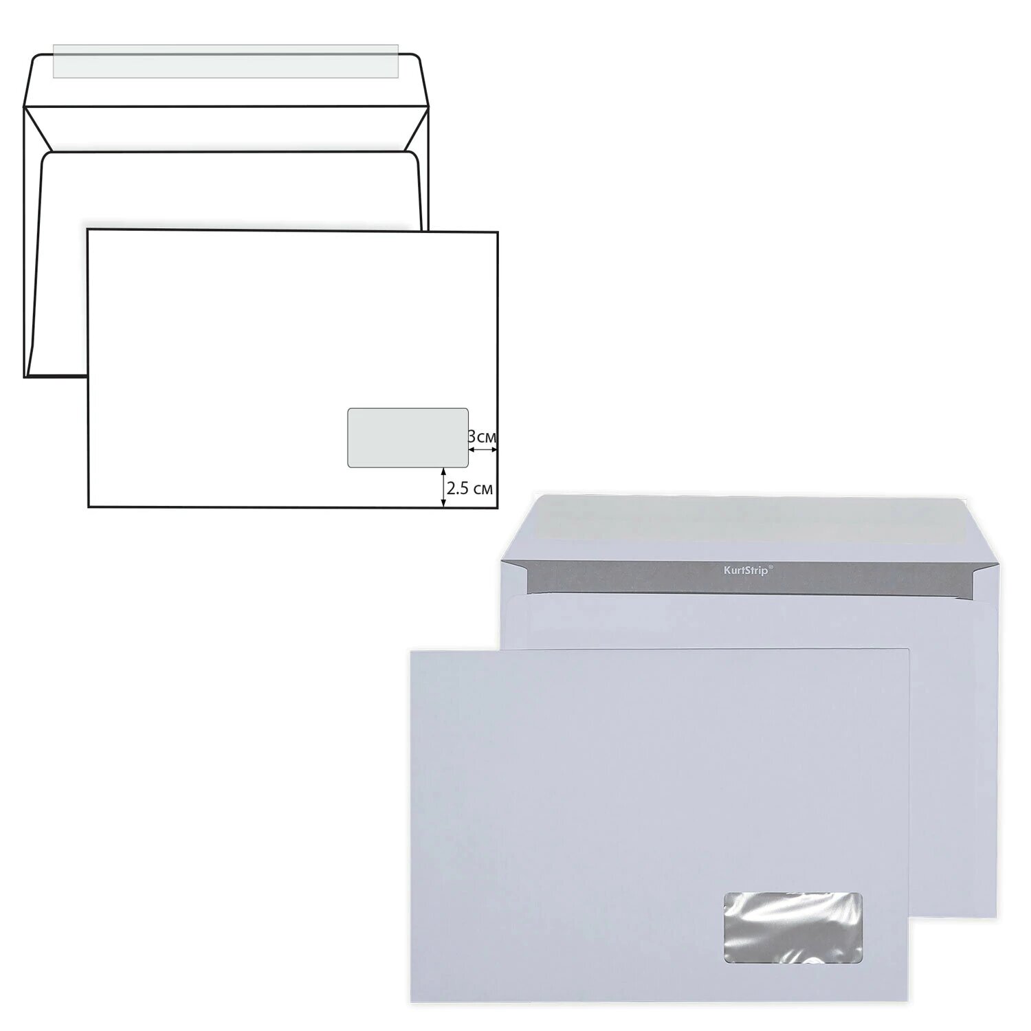 Конверты С4 (229324 мм) правое окно, отрывная лента, 90 г/м2, комплект 500 шт, внутренняя запечатка, 121102