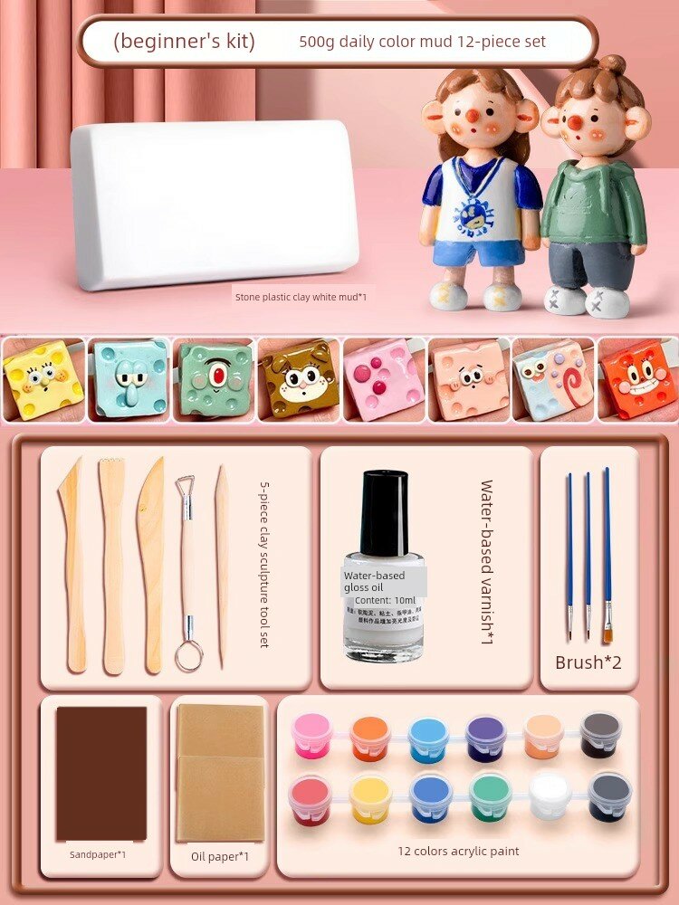 Набор для начинающих: 500г белой глины для лепки с 12 элементами, без обжига