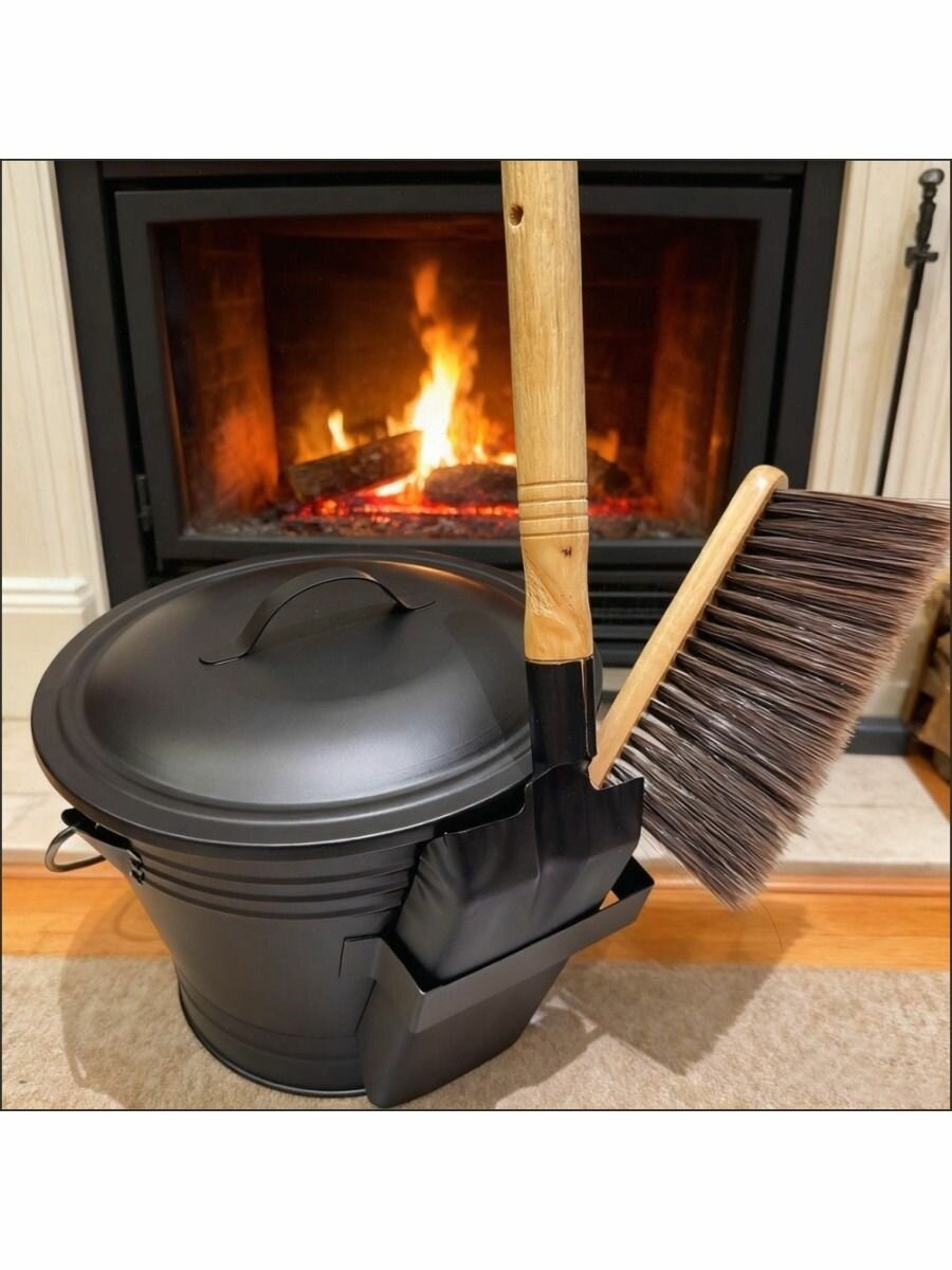 Набор аксессуаров для камина 3 в 1: совок, кочерга, ведро металлическое с крышкой для золы и углей