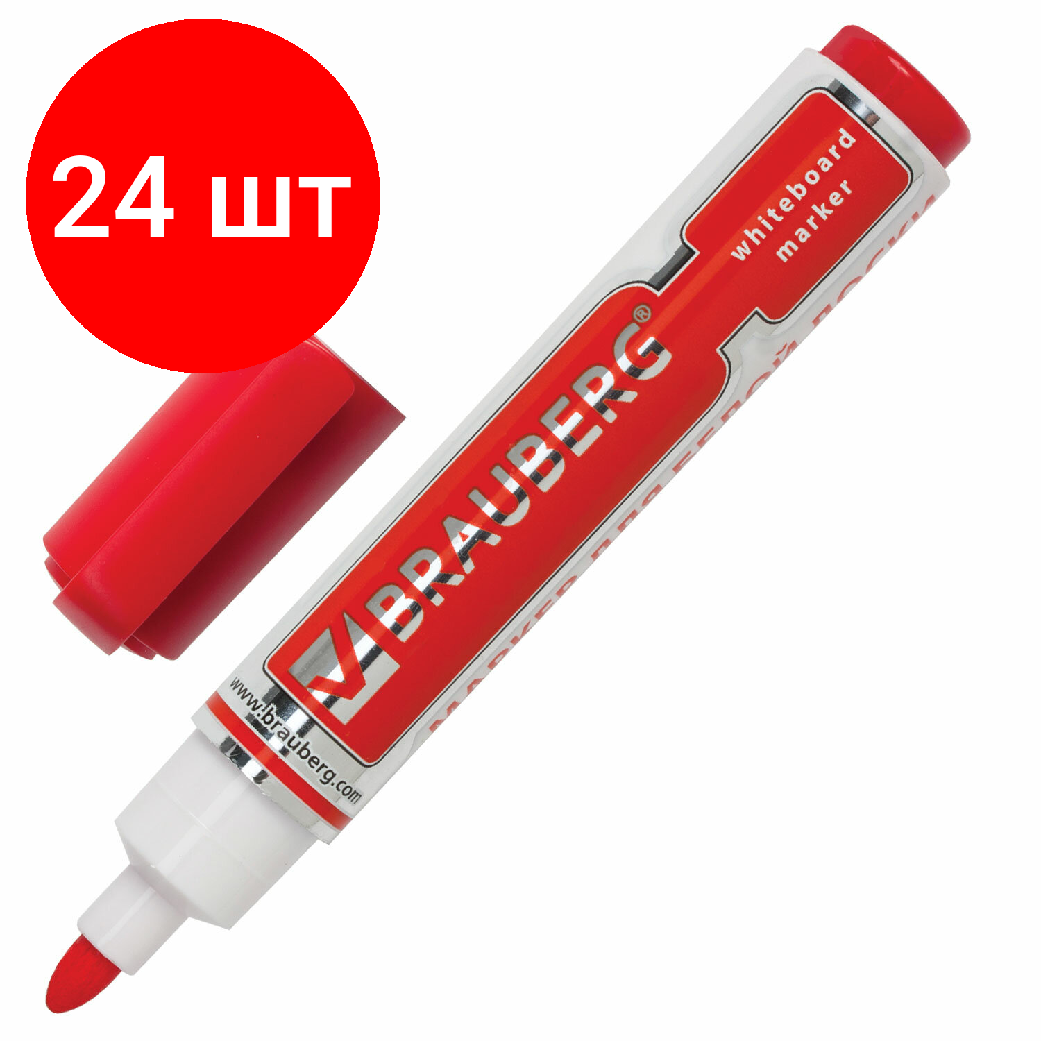 Комплект 24 шт, Маркер стираемый для белой доски красный, BRAUBERG "Neo", 5 мм, с клипом, 150489