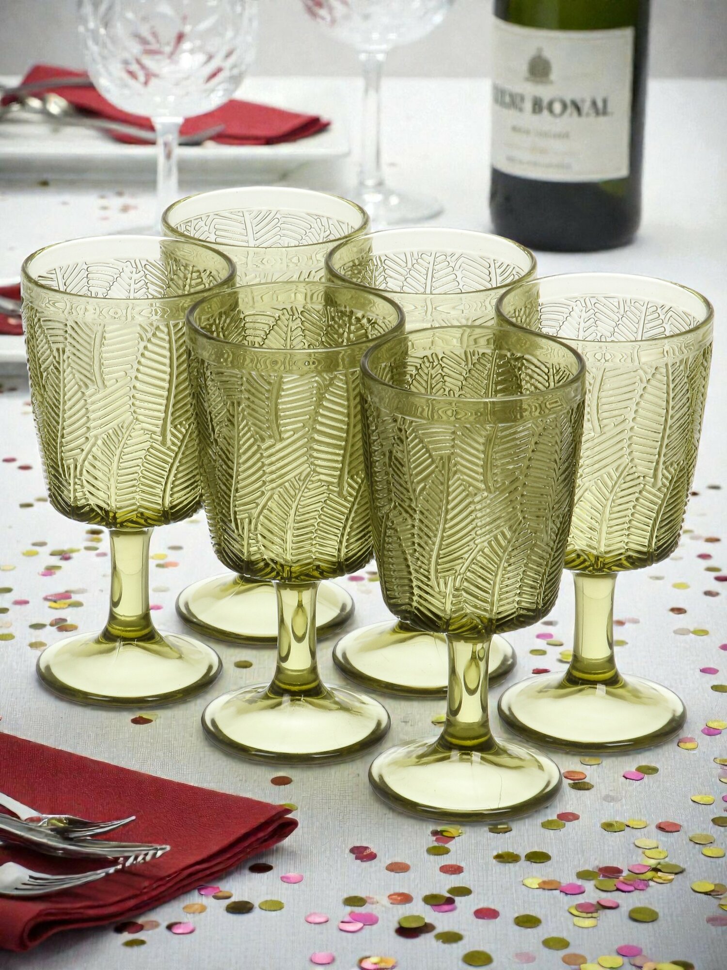 Набор бокалов для вина Листья из зеленого стекла 330 мл, 6 штук, рельефные фужеры для сервировки стола, артикул B060607
