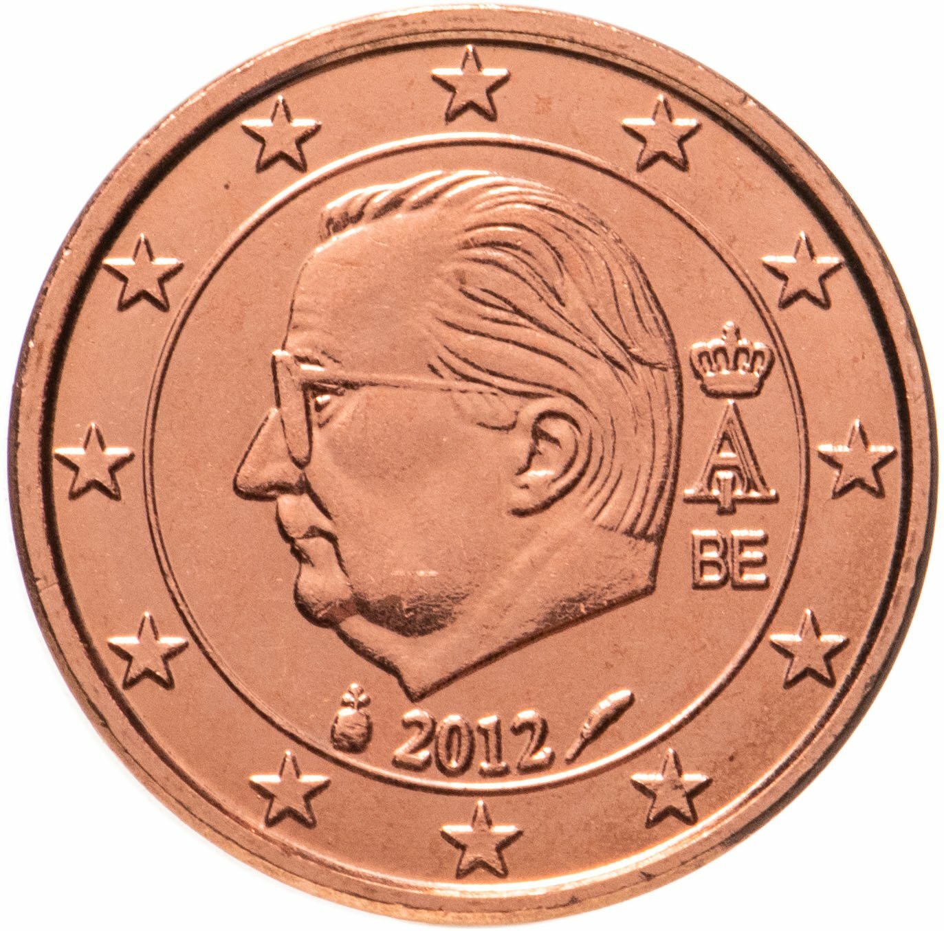 Бельгия 1 евро цент 2012 король Альберт II тип 2, Сталь, в сохранности UNC