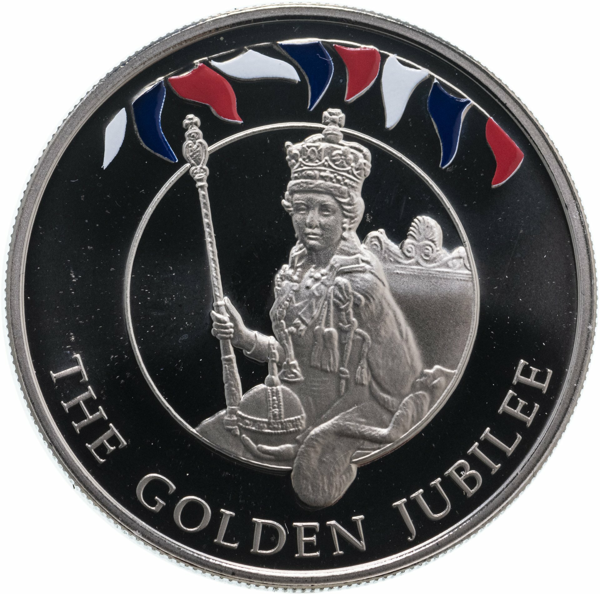 Фолклендские острова 50 пенсов pence 2002 "50 лет правлению Королевы Елизаветы II, на троне" цветное покрытие, Мельхиор медь-никель, в сохранности Proof