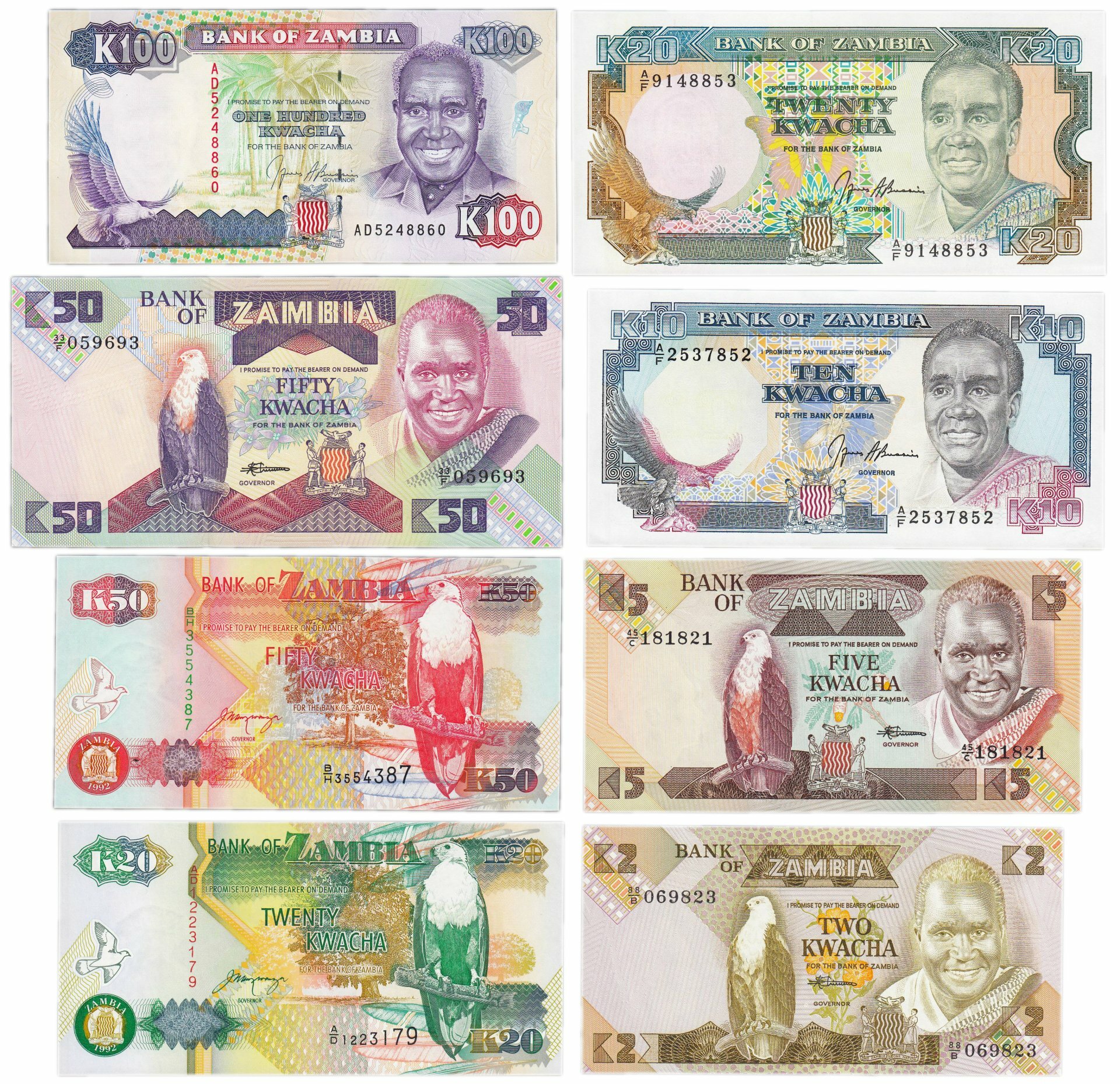 Замбия набор из 8 банкнот 2, 5, 10, 20, 50, 100 квача 1992-2000