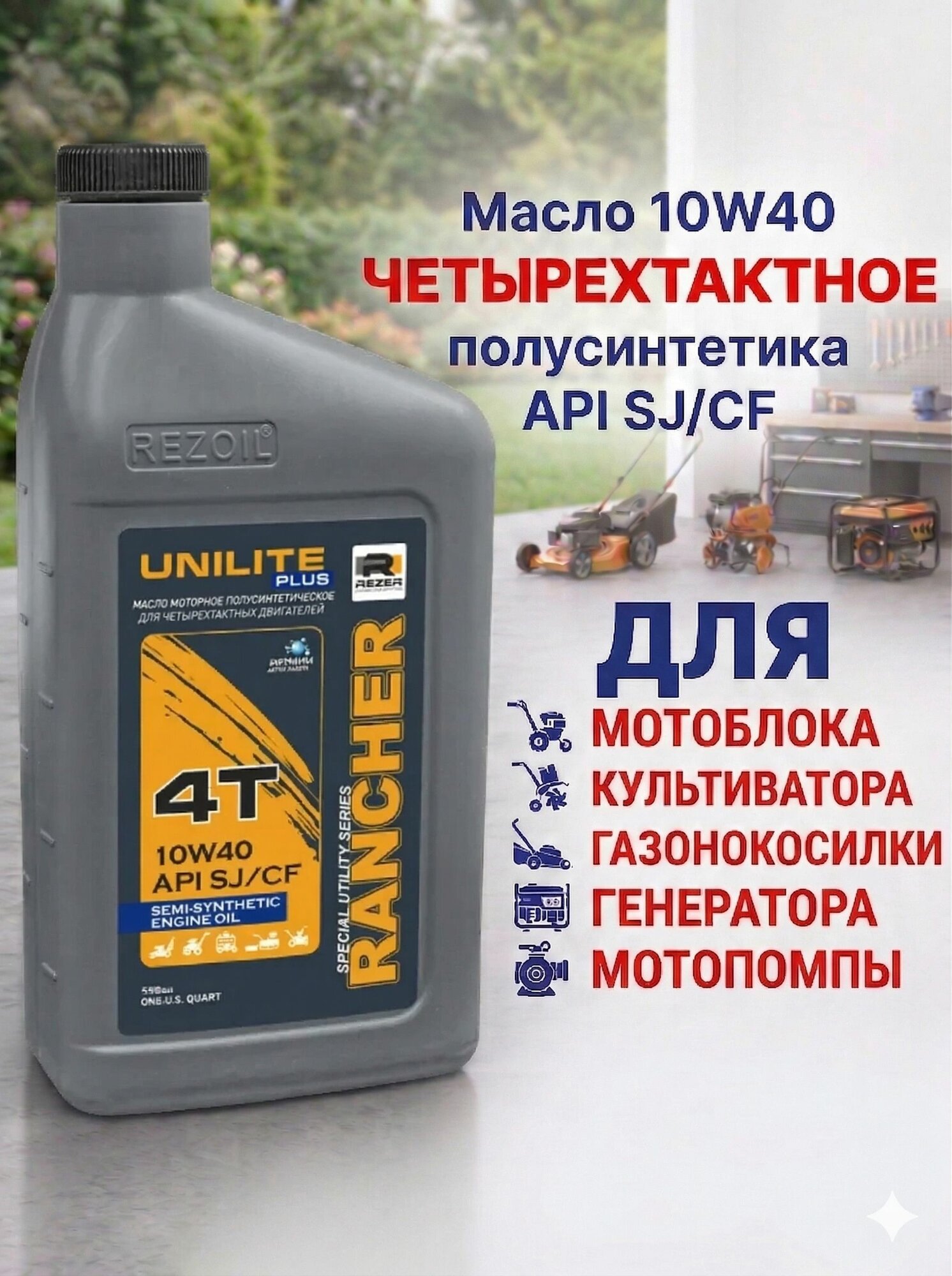 Масло 4х тактное 10W40 API SJ/CF Для всех видов мотоблоков генераторов газонокосилок и прочей садовой технике 0,946 л. REZOIL Rancher UNILITE PLUS 4T полусинтетическое. полусинтетика 4-тактная 10W40 для садовой техники