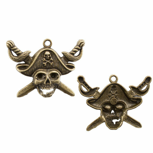 Подвеска, 45х34мм, Веселый Роджер, базовый материал - цинковый сплав, бронзовый, 2 шт.