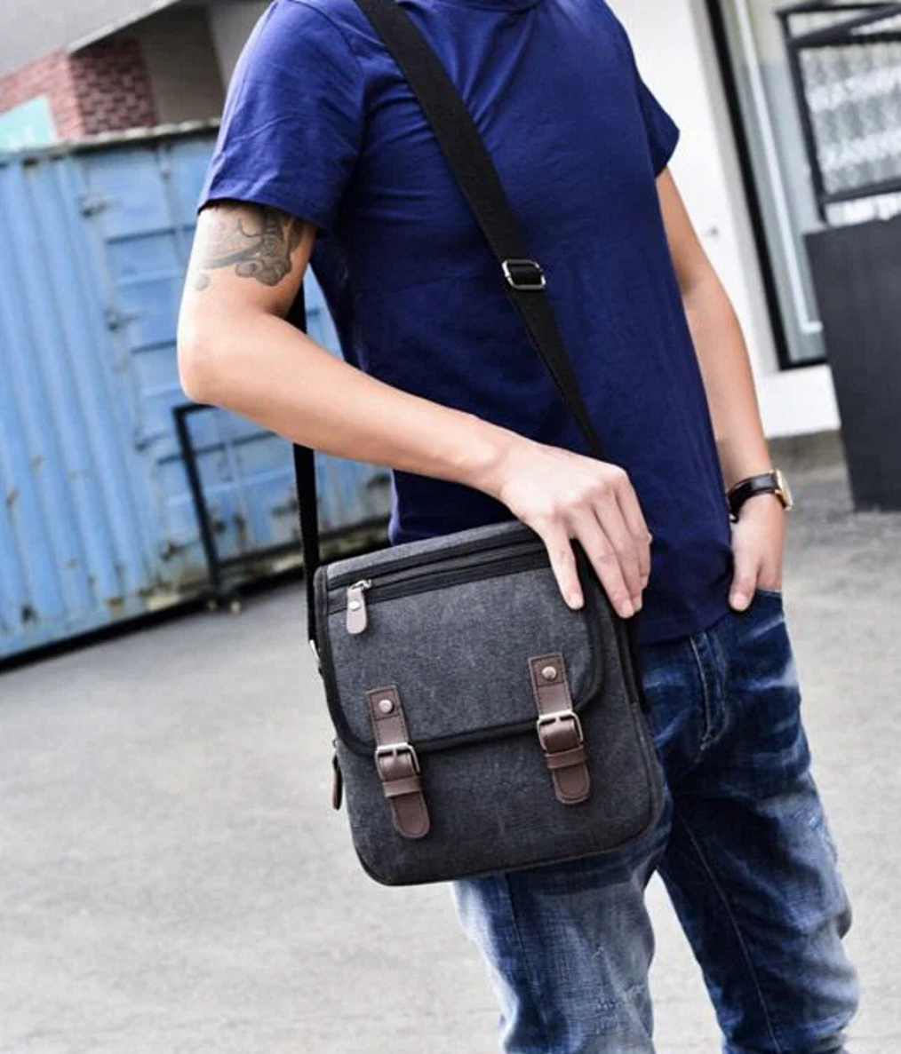 Сумка мессенджер  Тканевая сумка черная через плечо с клапаном мужская городская