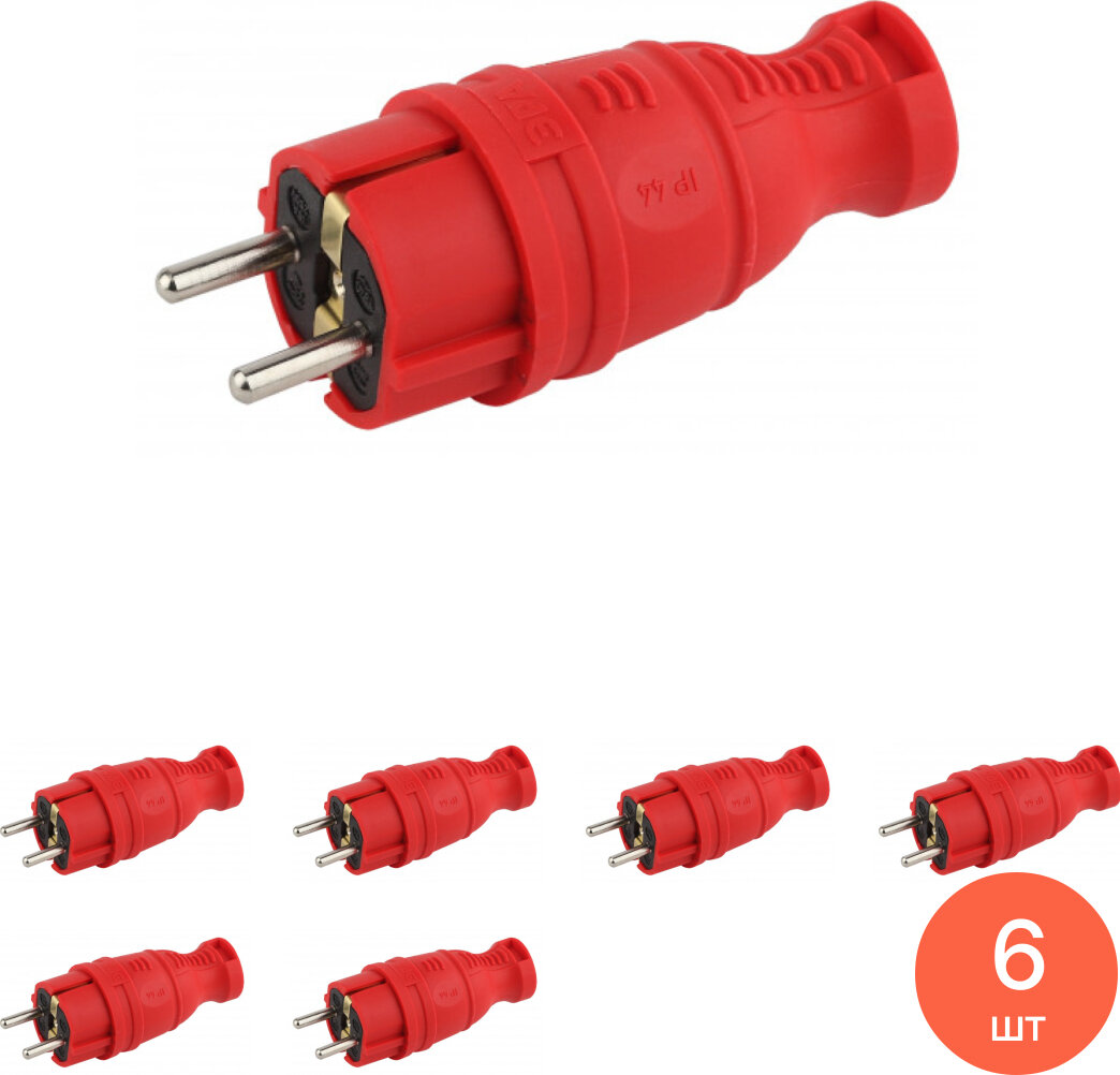 Вилка силовая кабельная ЭРА V8-RED-IP44 прямая с заземлением из каучука, красная, 3500Вт 16А / электрика (комплект из 6 шт)