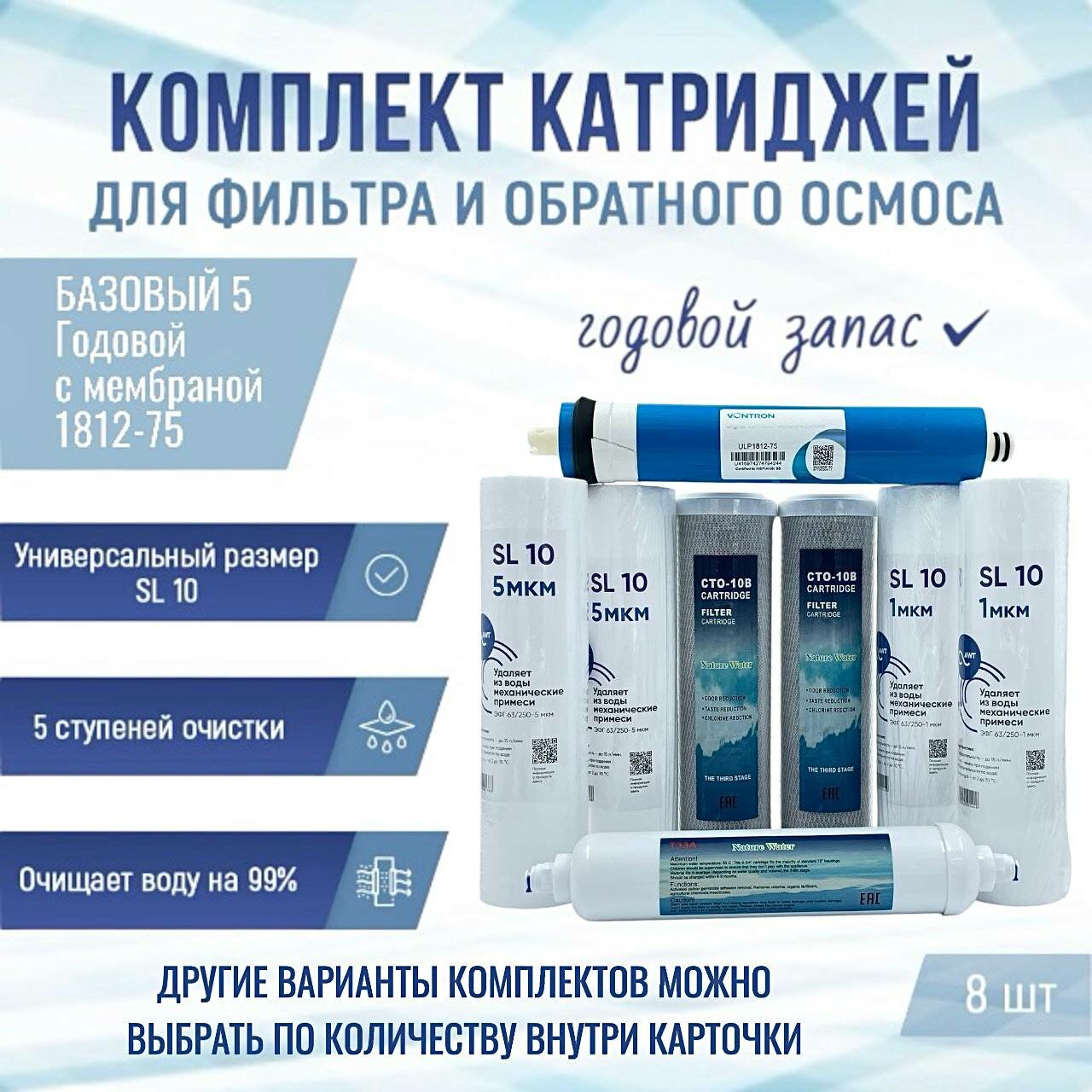 Сменные фильтры, комплект картриджей NatureWater "Базовый 5 годовой" с мембраной 1812-75, совместимы со всеми системами