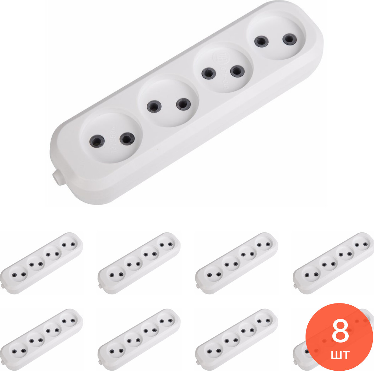 Блок розеток REXANT / Рексант 4 гнезда без заземляющих контактов, 11-8715 / колодка электрическая для удлинителя (комплект из 8 шт)