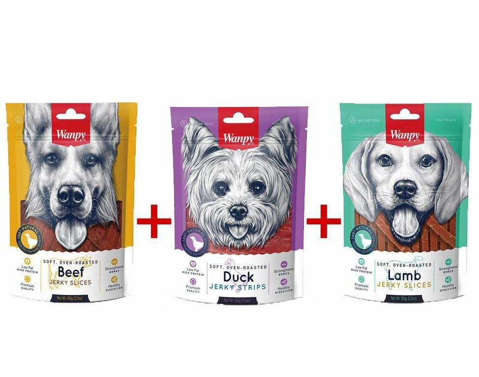 Набор лакомств для собак Wanpy соломка: из мяса ягненка, из вяленной говядины и утиная, 300 гр (100 гр х 3 шт)