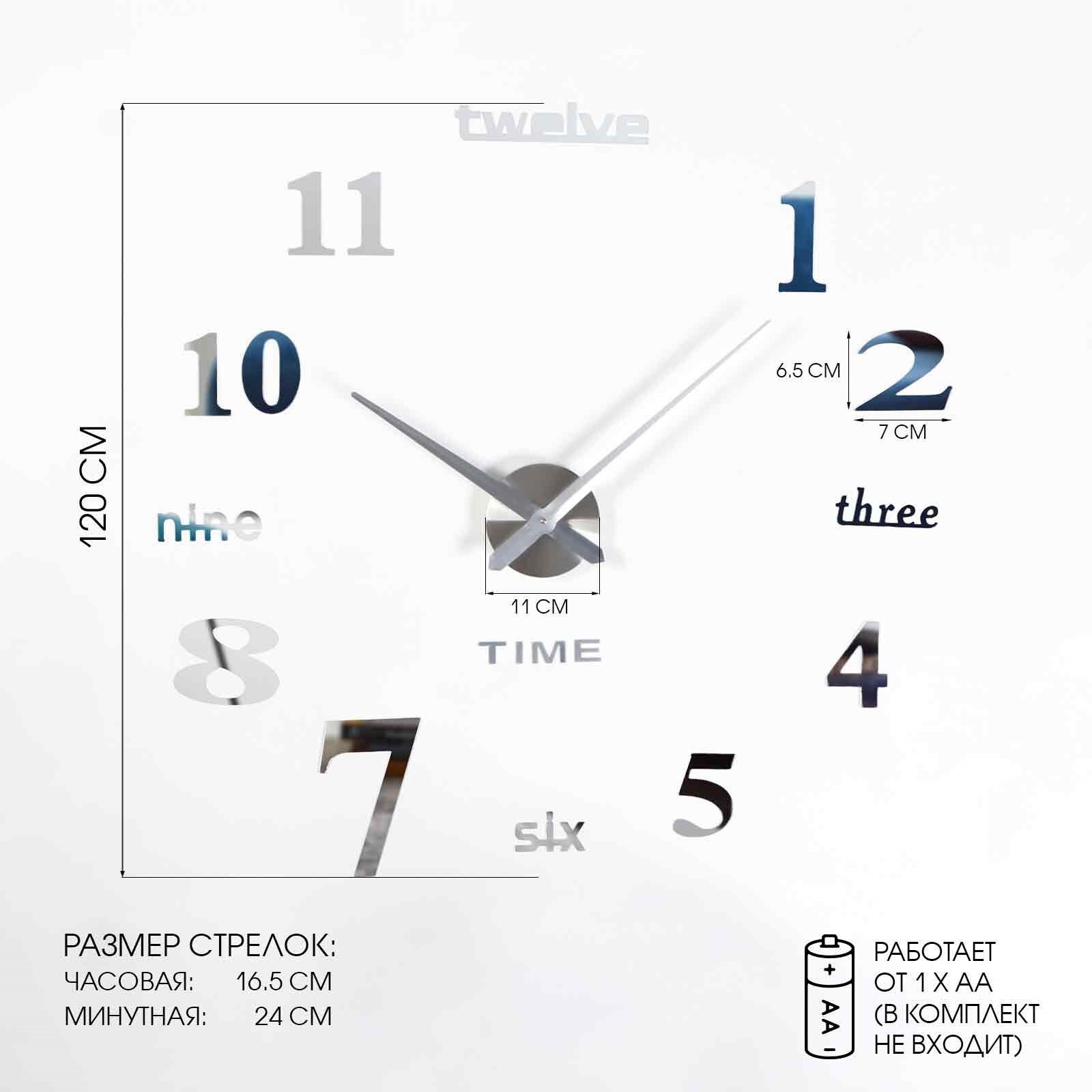 Часы настенные интерьерные большие, 3d «Клермонт», плавный ход, наклейка, d-120 см