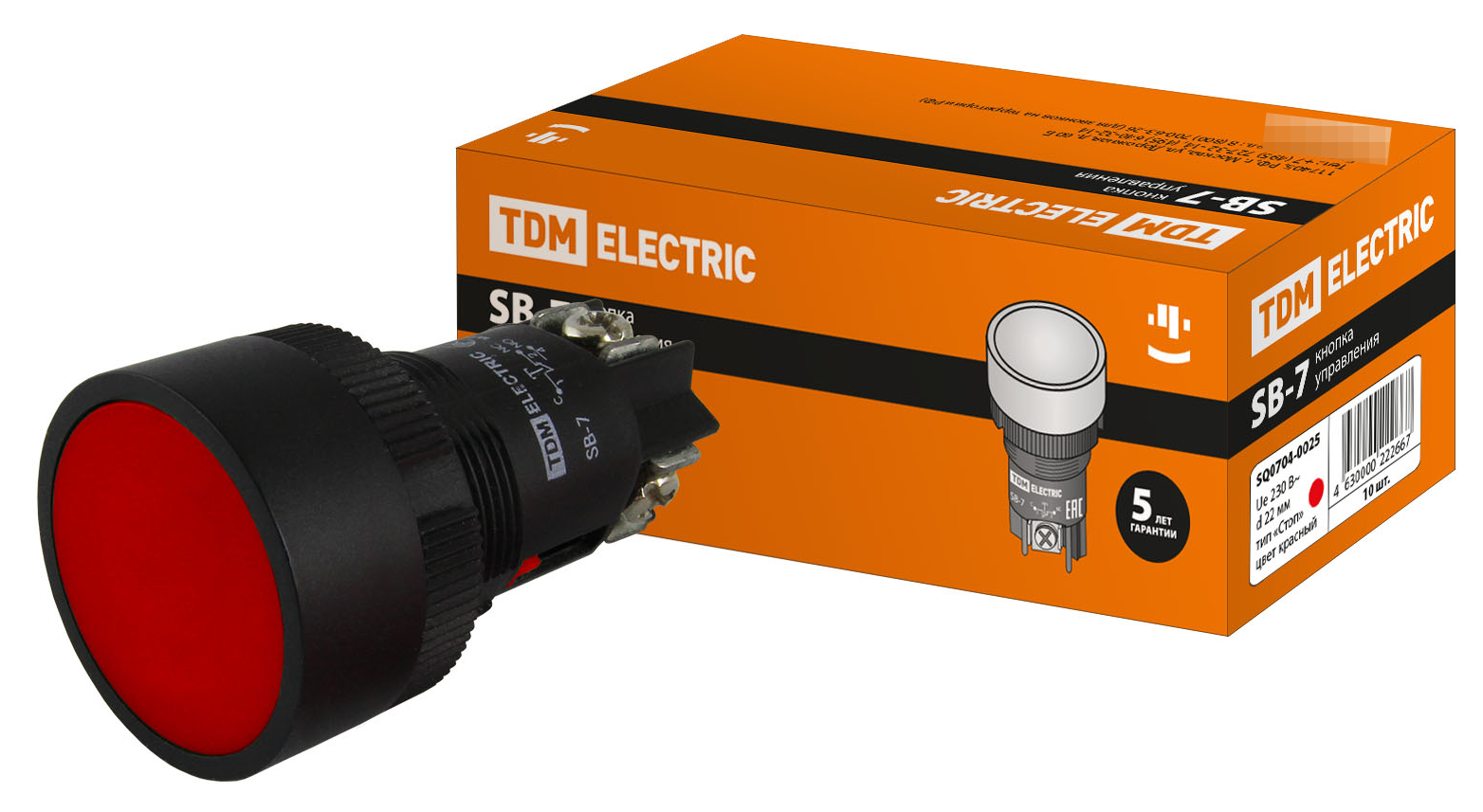 Кнопка управления TDM Electric / ТДМ Электрик SВ-7 Пуск с возвратом, 1НЗ, красная IP40, под отверстие диаметром 22мм, SQ0704-0025 / кнопочный пост