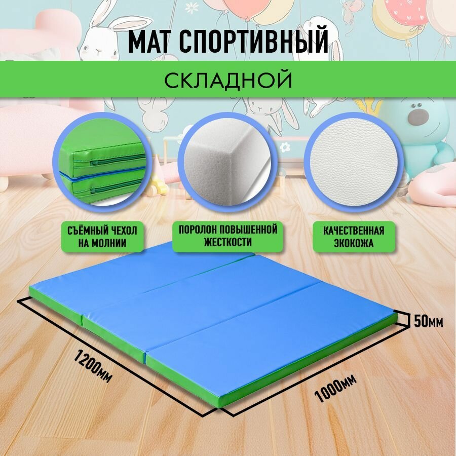 Мат спортивный гимнастический 120 х 100 х 5 складной (3 секции) голубой салатовый