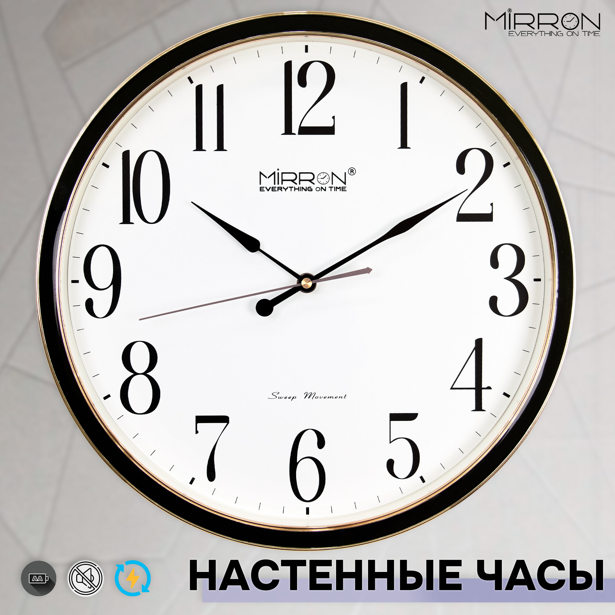 Настенные кварцевые часы MIRRON M585A-2/Большие круглые часы/36 см/Минималистичные часы/Чёрный цвет корпуса/Белый циферблат циферблат/Бесшумный плавный механизм