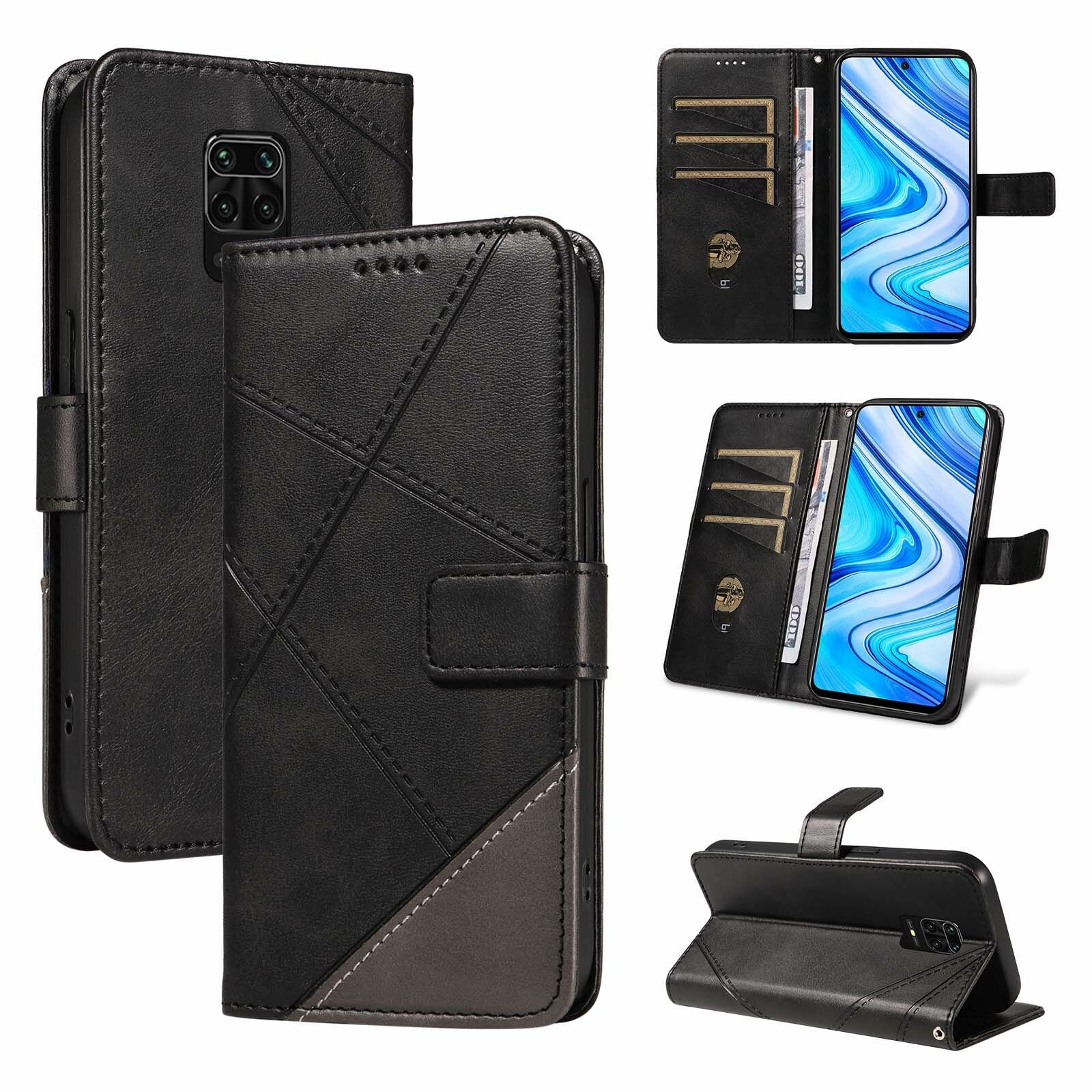 YIKATU Чехол книжка для Xiaomi Redmi Note 9 Pro и Redmi Note 9S (Сяоми Редми Ноут 9 Про и Ксиаоми Нот 9С) кожаный черный с магнитной застежкой, flip чехол с функцией подставки, С вытяжным шнуром