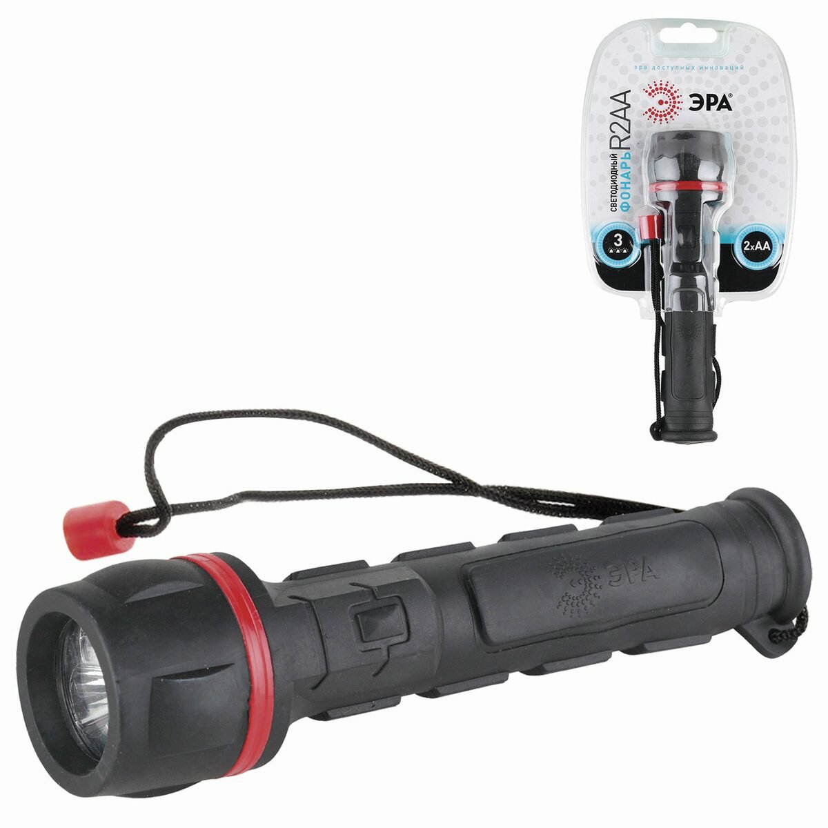 Фонарь ручной Эра R2AA, на батарейках, прорезиненный пластик, черно-красный (R2AA)