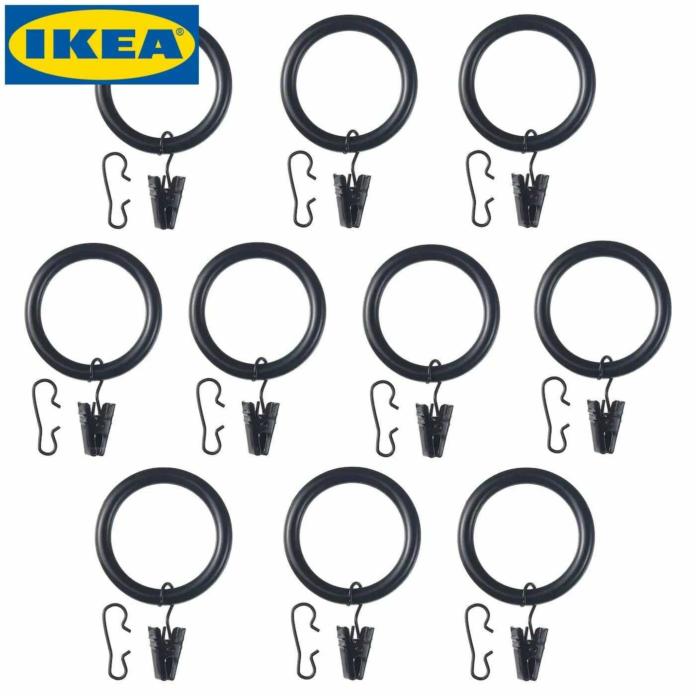 Кольца 10 шт. с зажимом и крючком IKEA SYRLIG сирлиг, 38 мм,10,3.8, черный,3.8