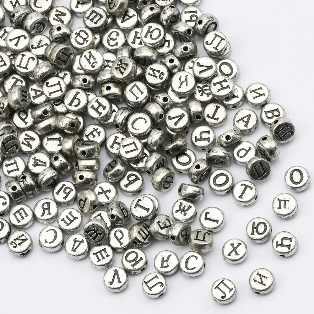 Акриловые бусины Laudsong 4x7 мм с цифрами и буквами Серебряный, 100PCS, B06498