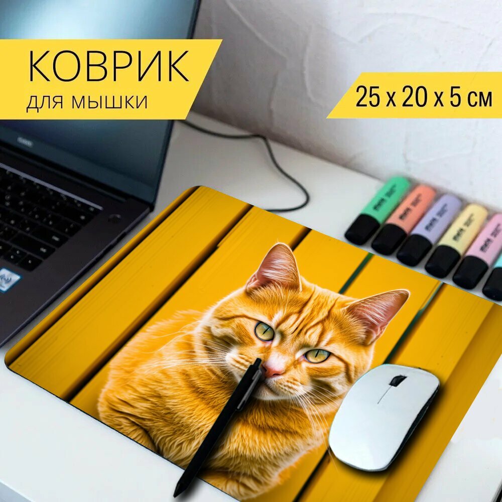 Коврик для мыши с принтом "Яркая оранжевая кошка на фоне желтого забора, снятая в стиле натюрморта для создания яркого контраста." 25x20см.
