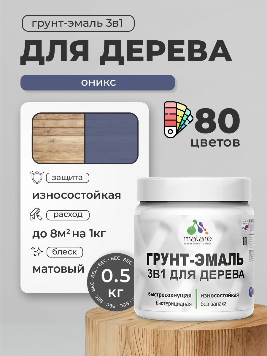 Акриловая Грунт-Эмаль 3 в 1 Malare для деревянных поверхностей/ краска по дереву с антисептическим эффектом/ быстросохнущая моющаяся без запаха матовая, оникс, 0.5 кг