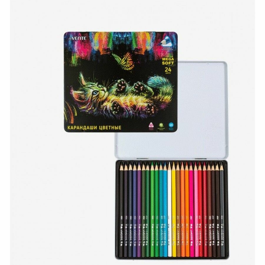 Карандаши цветные deVENTE 24 шт, Trio Mega Soft 3 мм, 4М, трехгранные, металлическая подарочная упаковка
