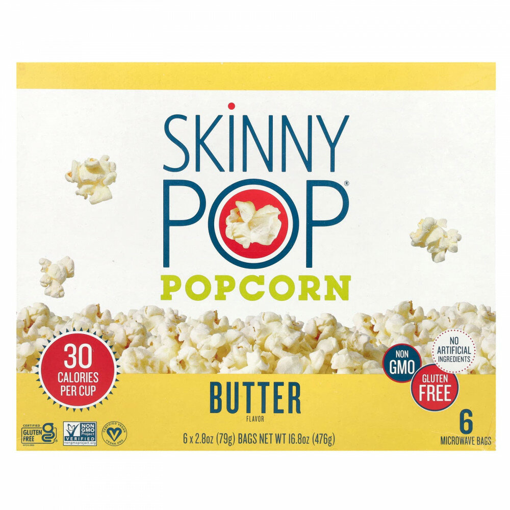 SkinnyPop, попкорн, со вкусом масла, 6 пакетиков по 79 г (2,8 унции)
