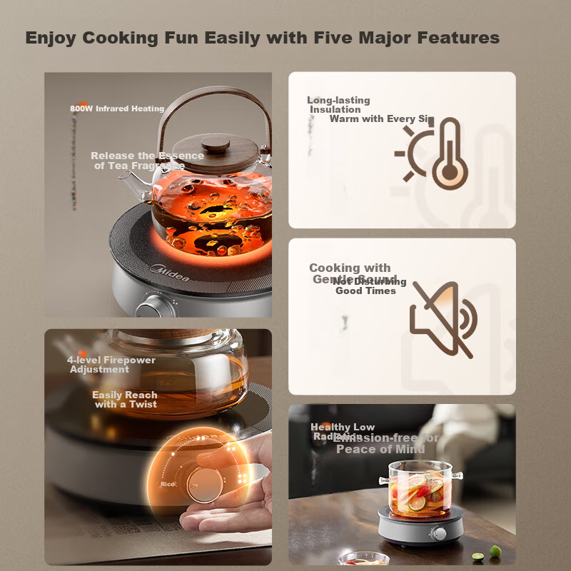 Midea Electric Induction Cooker 800W High Power Household Stir-fry Hot Pot Cooker Multi-function Non-stick Cookware Light and Low Radiation Tea Stove National Subsidy HW08EY08