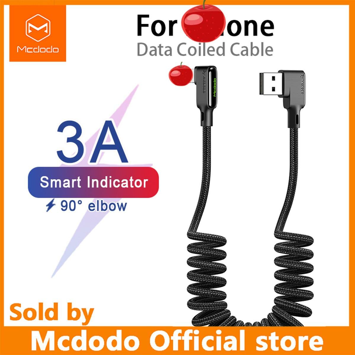 Кабель Mcdodo CA-730 USB A - Lightning со светодиодным индикатором, 90°, двойной изгиб, автомобильный пружинный кабель 3