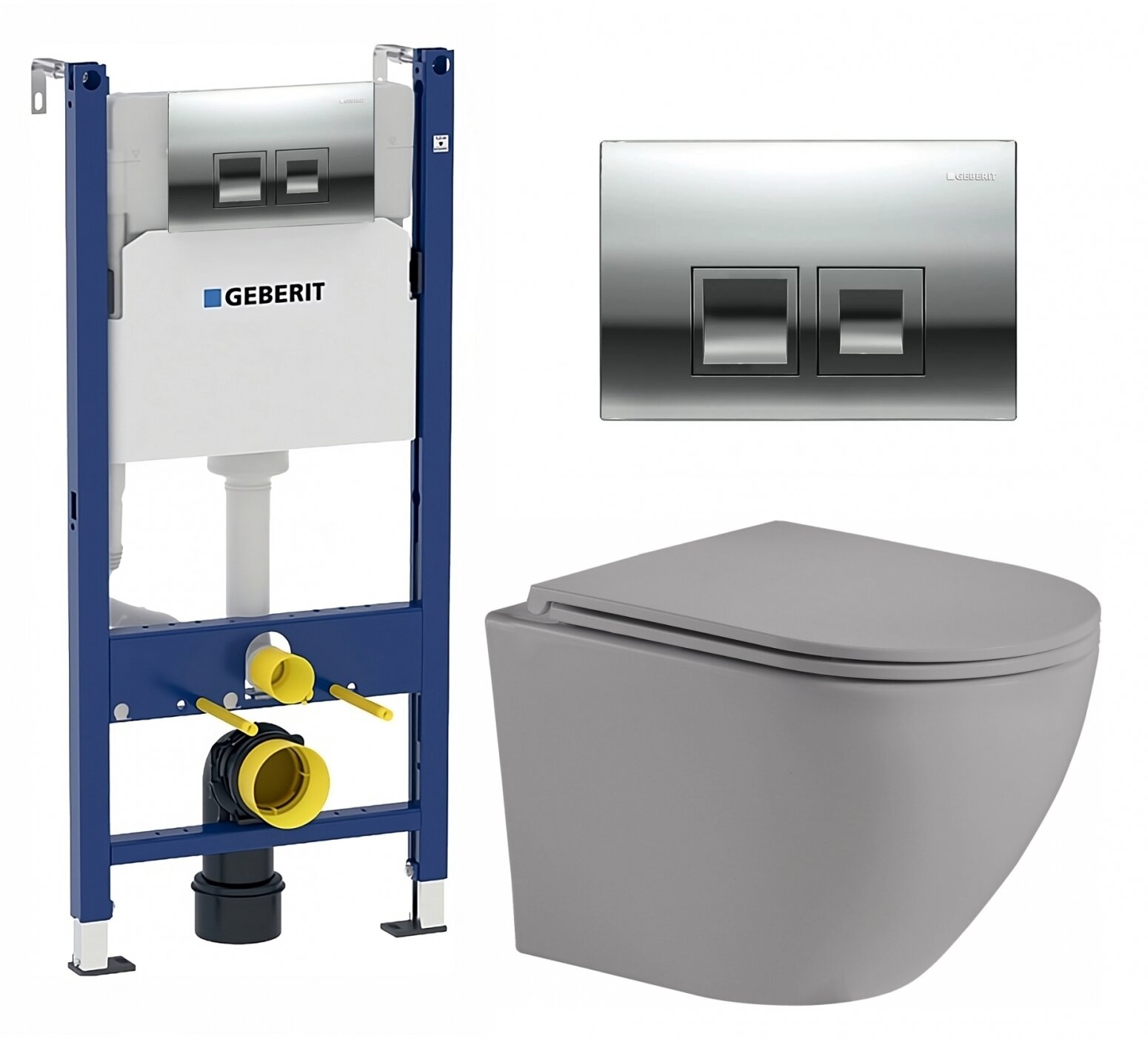 Комплект 3 в 1 инсталляция Geberit Duofix + Унитаз подвесной Weltwasser WW Merzbach 043 MT-GR + кнопка хром