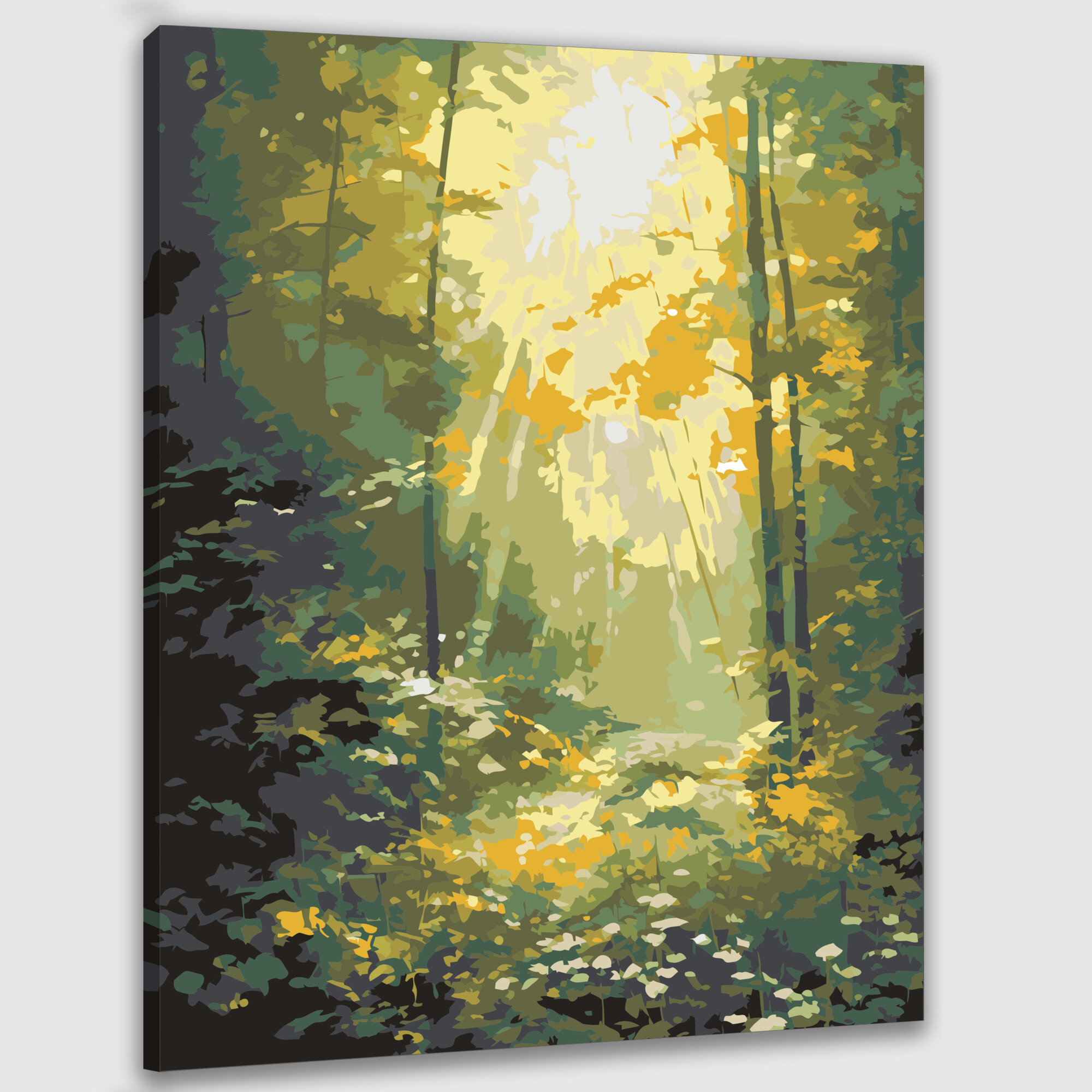 Картина по номерам 40x50 см, картина маслом, лес, солнце, золотистый свет, кроны деревьев, зеленая листва, движение